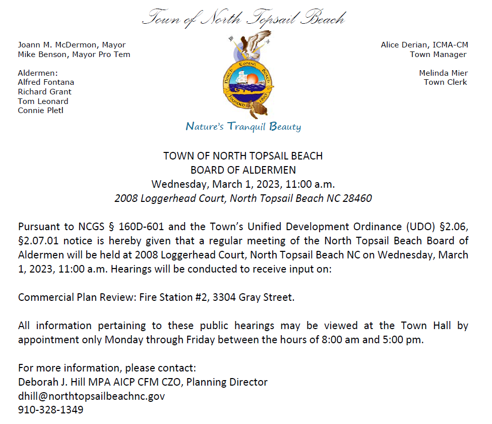 Board of Aldermen Public Notice | North Topsail Beach North Carolina