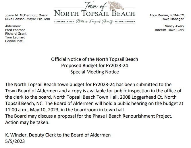 FY 2023-24 Budget Special Meeting Amended Notice | North Topsail Beach North Carolina