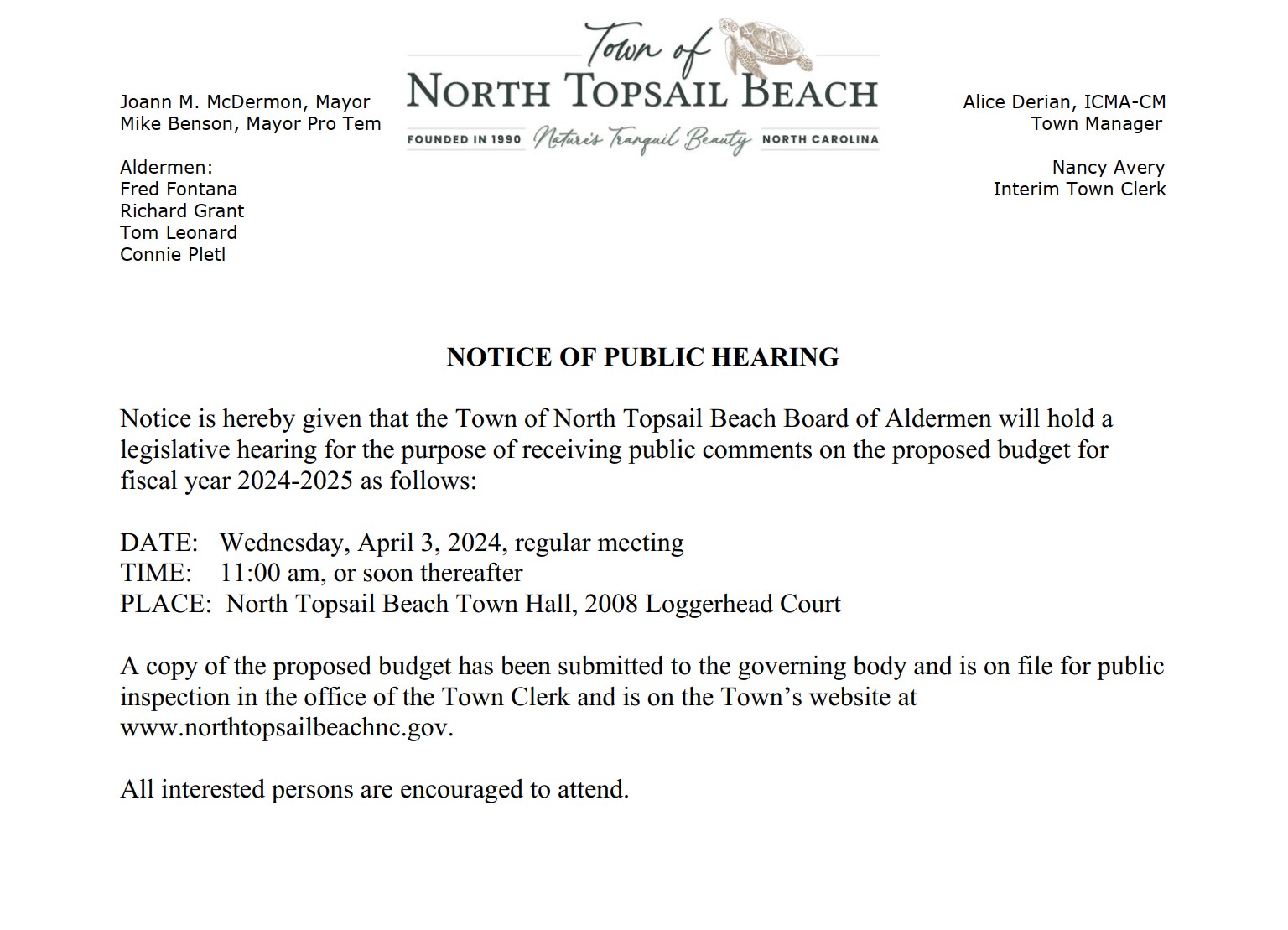 Notice of Public Hearing for FY 24-25 Budget | North Topsail Beach North Carolina